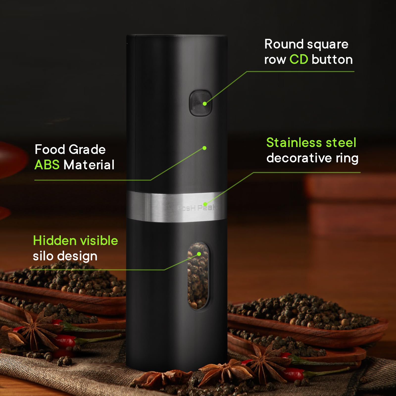 ๐๐๐ POSHPEAK Electric Salt and Pepper Grinder Set (2 Pack), Battery+USB Rechargeable 2 in 1, Auto Seasoning Mills W/Dual Charging Base, One Hand Operation, Adjustable Coarseness Shakers, LED Light