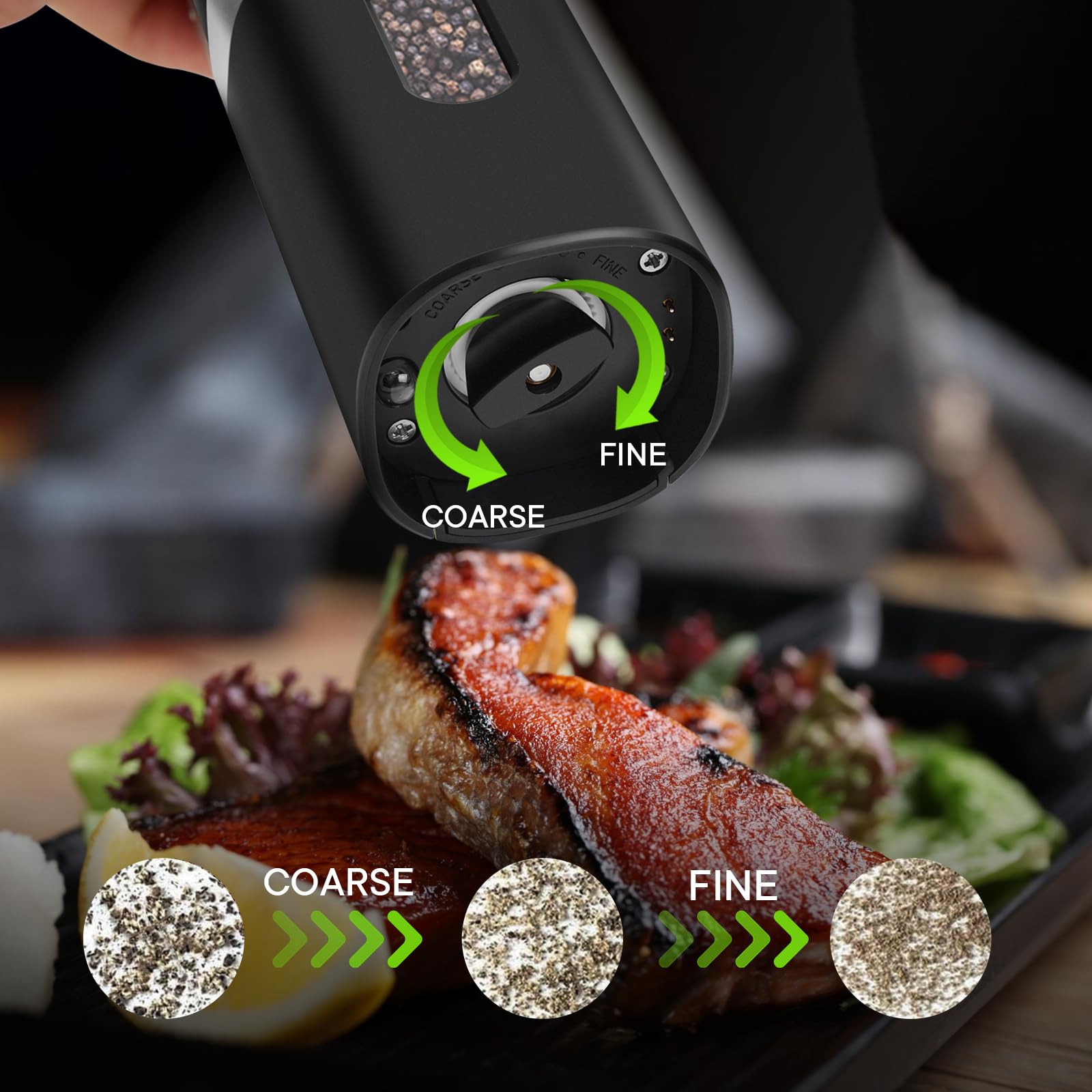 ๐๐๐ POSHPEAK Electric Salt and Pepper Grinder Set (2 Pack), Battery+USB Rechargeable 2 in 1, Auto Seasoning Mills W/Dual Charging Base, One Hand Operation, Adjustable Coarseness Shakers, LED Light