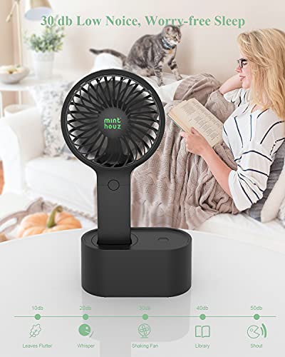 Minthouz Handheld Fan, 90° Automatic Head Shaking Personal Fan with Rotating Base, 3 Speed Adjustable Portable Fan Rechargeable Desk Fan with 2000mAh Built-in Battery, Mini Fan for Office/Home/Outdoor