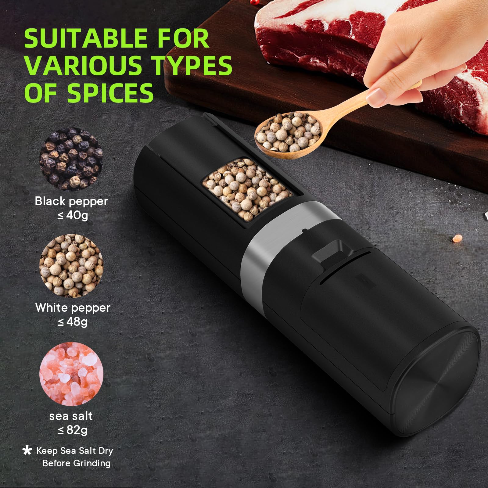 ๐๐๐ POSHPEAK Electric Salt and Pepper Grinder Set (2 Pack), Battery+USB Rechargeable 2 in 1, Auto Seasoning Mills W/Dual Charging Base, One Hand Operation, Adjustable Coarseness Shakers, LED Light