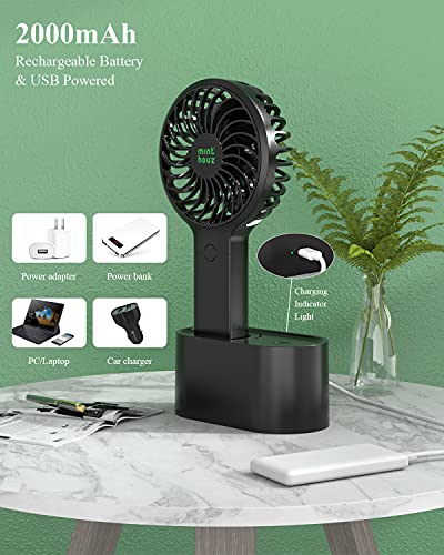 Minthouz Handheld Fan, 90° Automatic Head Shaking Personal Fan with Rotating Base, 3 Speed Adjustable Portable Fan Rechargeable Desk Fan with 2000mAh Built-in Battery, Mini Fan for Office/Home/Outdoor
