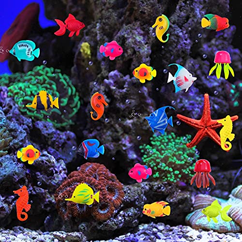 20 Pieces Artificial Moving Fishes Plastic Floating Fishes Lifelike Fish Ornament Aquarium Decorations for Fish Tank (Jellyfish and Seahorses)