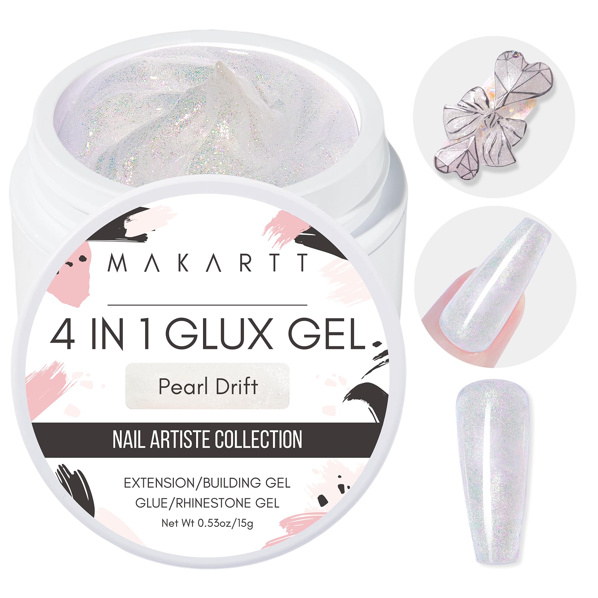 Makartt Solid Gel Builder: 15ML Non-sticky to Hands, White Shimmers Color for Extension 3d Sculpting Nail Art, Hard Gels Molding for Nails UV/LED Lamp Required Pearl Drift