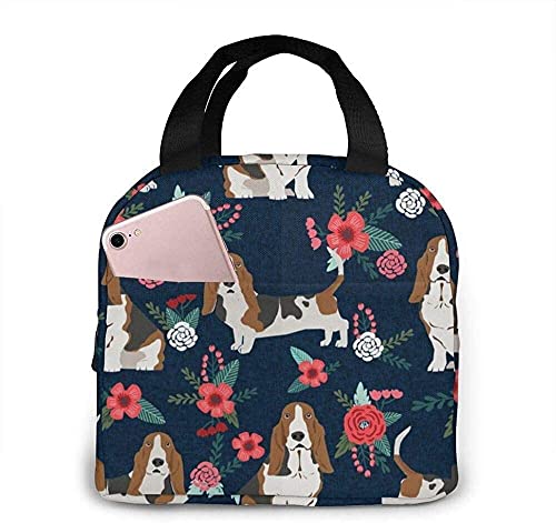 Lunch Bag Basset Hound Floral Dog Dog With Flowers Navy Blue Lunch Box Insulated Bag Tote Bag For Men/Women Work Travel