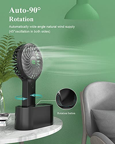 Minthouz Handheld Fan, 90° Automatic Head Shaking Personal Fan with Rotating Base, 3 Speed Adjustable Portable Fan Rechargeable Desk Fan with 2000mAh Built-in Battery, Mini Fan for Office/Home/Outdoor
