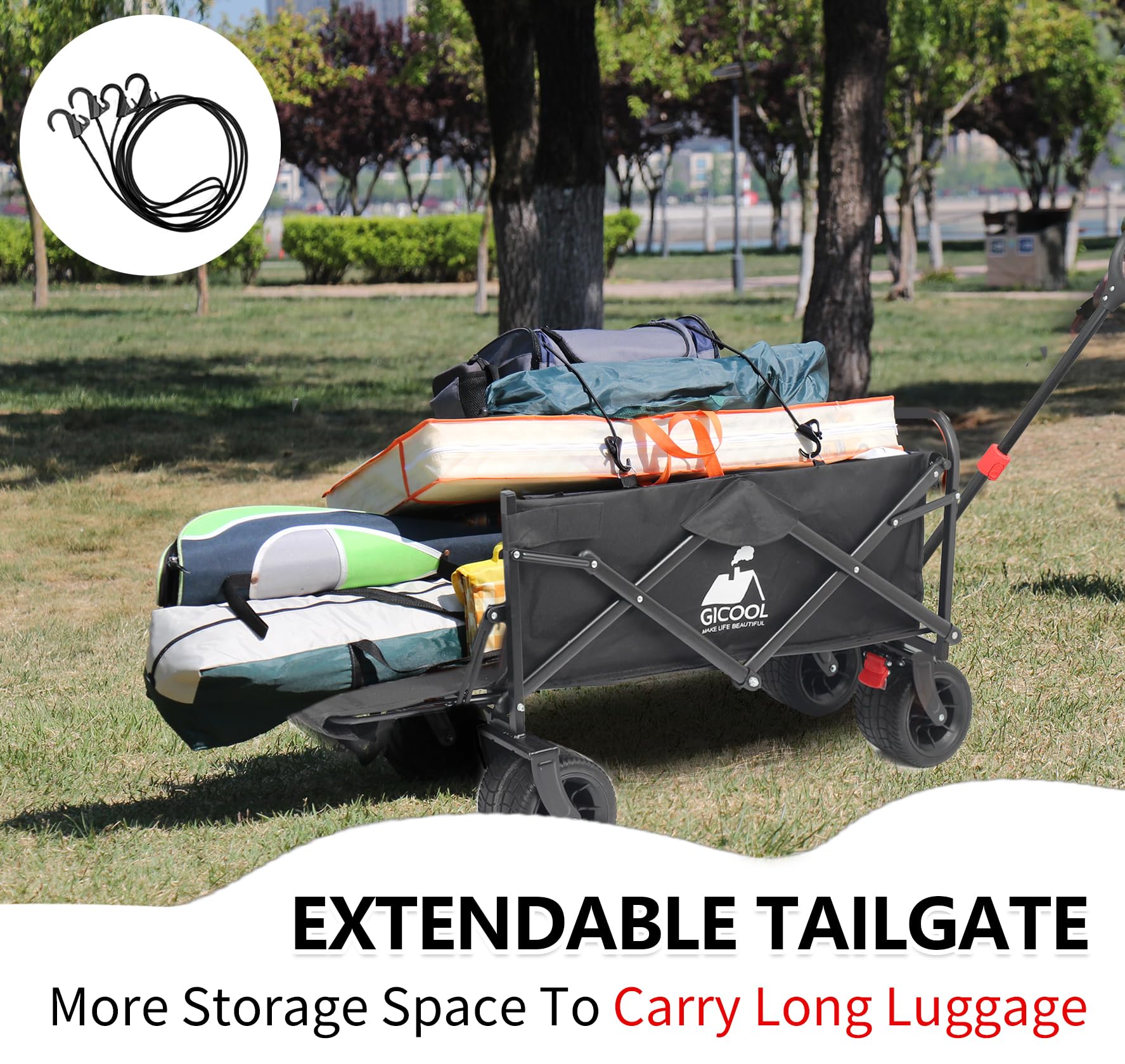 GICOOL Beach Wagon Collapsible Heavy Duty Folding Wagon Cart with Big Wheels & Brake, Large Capacity Folding Utility Wagon Cart, for Pet Sand Outdoor Camping Garden Works Shopping