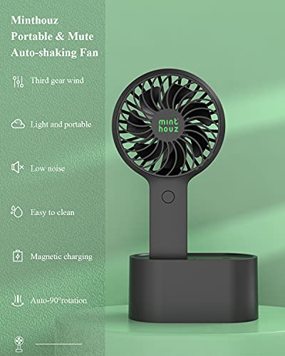 Minthouz Handheld Fan, 90° Automatic Head Shaking Personal Fan with Rotating Base, 3 Speed Adjustable Portable Fan Rechargeable Desk Fan with 2000mAh Built-in Battery, Mini Fan for Office/Home/Outdoor