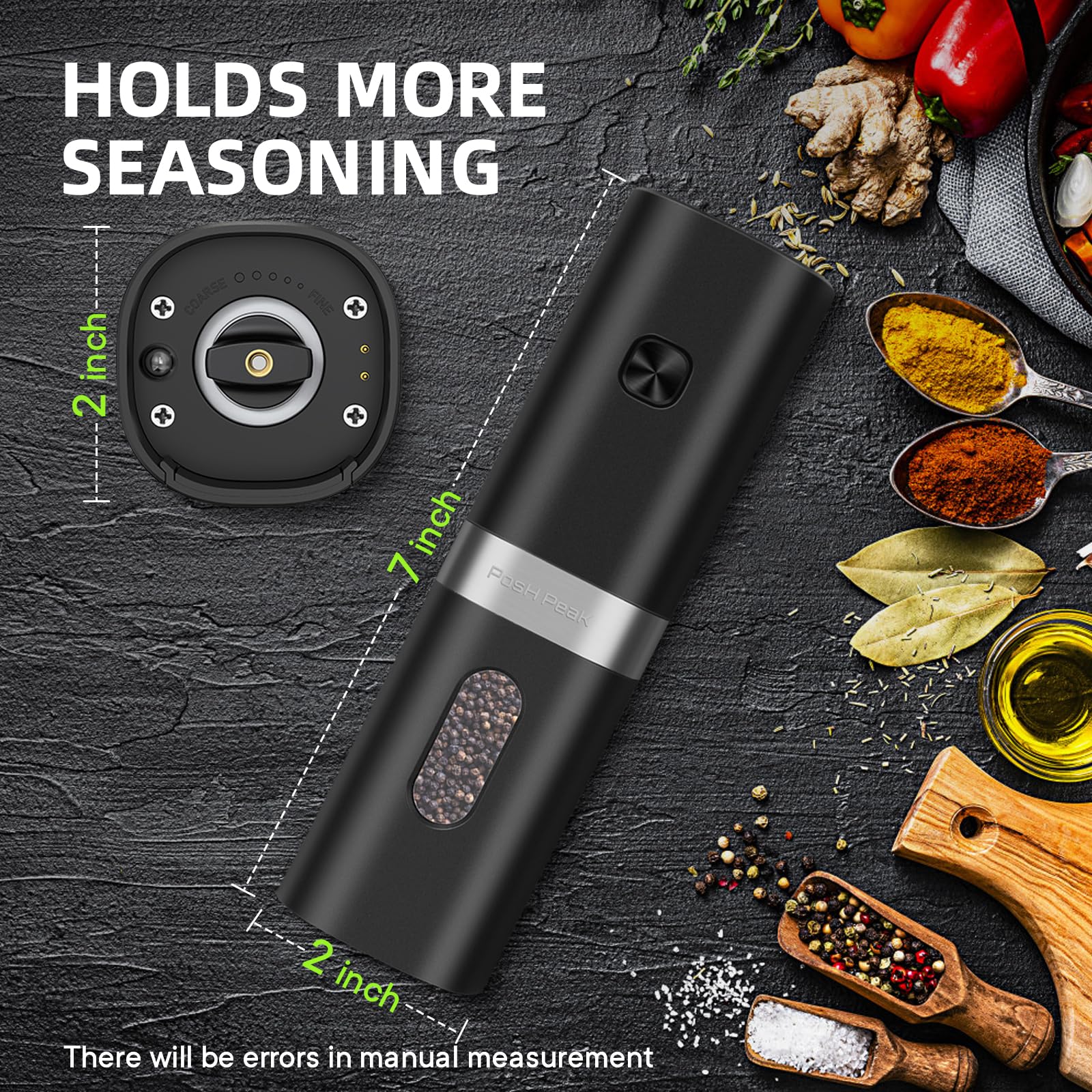 ๐๐๐ POSHPEAK Electric Salt and Pepper Grinder Set (2 Pack), Battery+USB Rechargeable 2 in 1, Auto Seasoning Mills W/Dual Charging Base, One Hand Operation, Adjustable Coarseness Shakers, LED Light