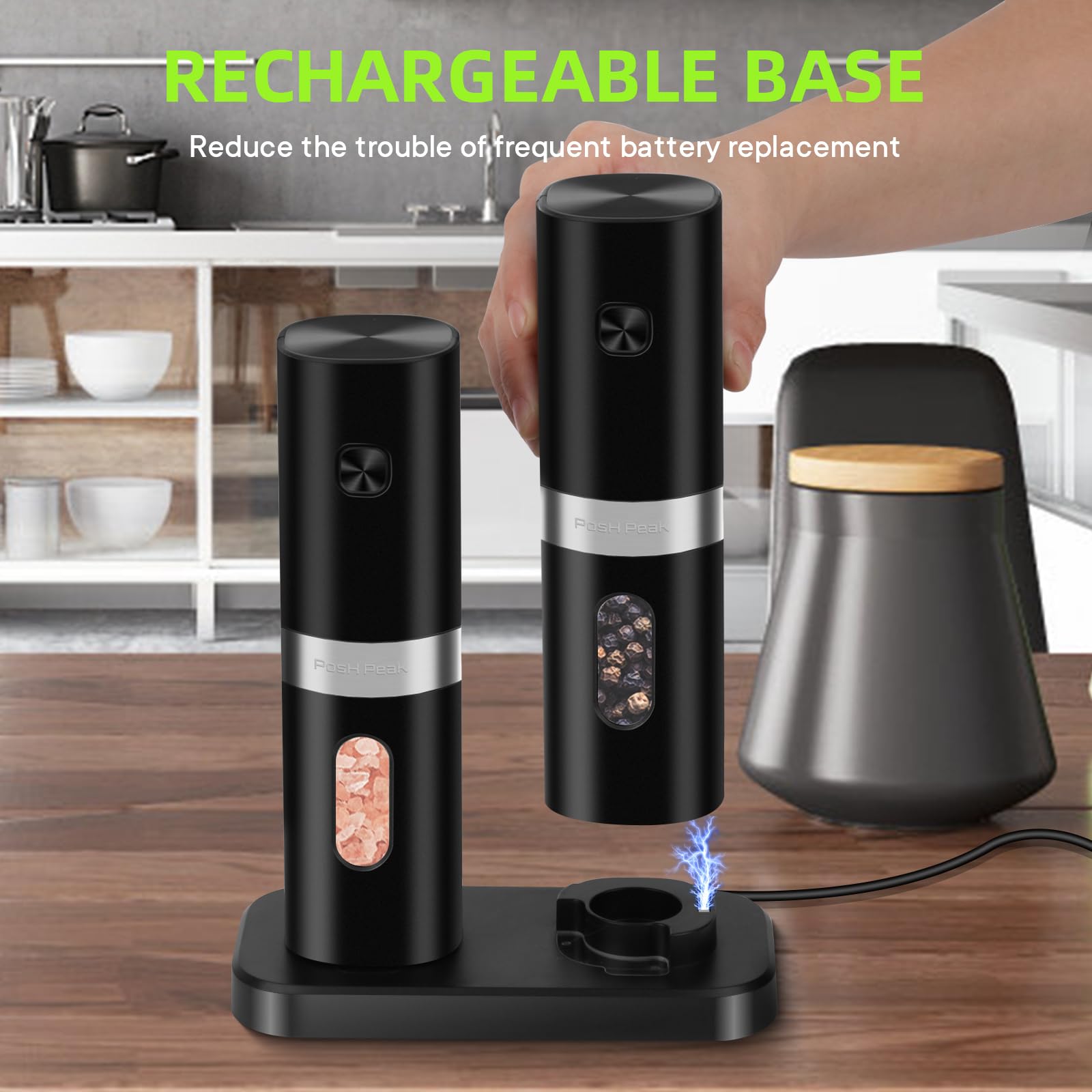 ๐๐๐ POSHPEAK Electric Salt and Pepper Grinder Set (2 Pack), Battery+USB Rechargeable 2 in 1, Auto Seasoning Mills W/Dual Charging Base, One Hand Operation, Adjustable Coarseness Shakers, LED Light