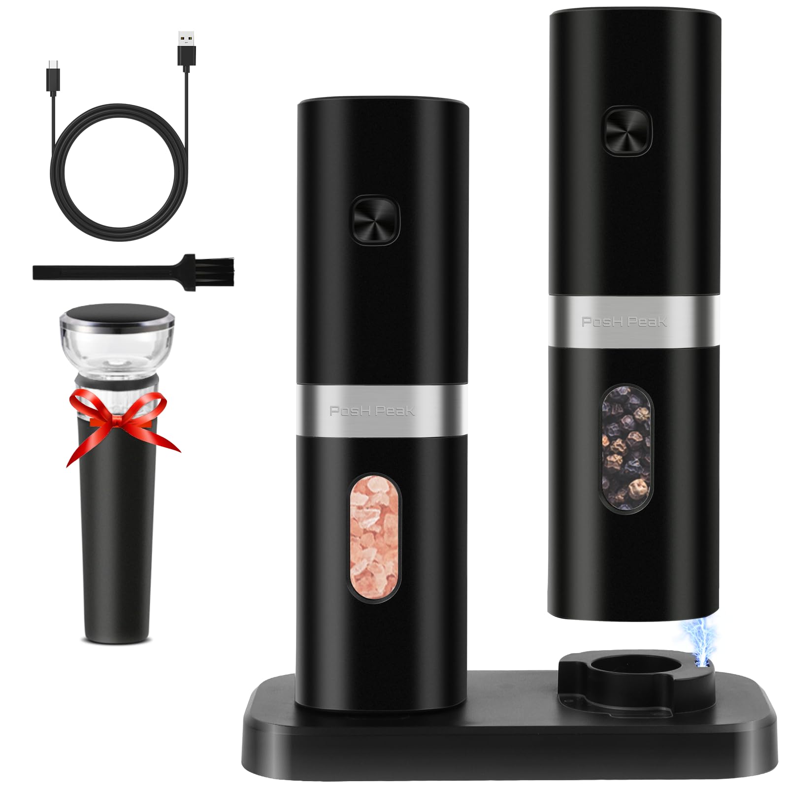 𝙉𝙀𝙒 POSHPEAK Electric Salt and Pepper Grinder Set (2 Pack), Battery+USB Rechargeable 2 in 1, Auto Seasoning Mills W/Dual Charging Base, One Hand Operation, Adjustable Coarseness Shakers, LED Light