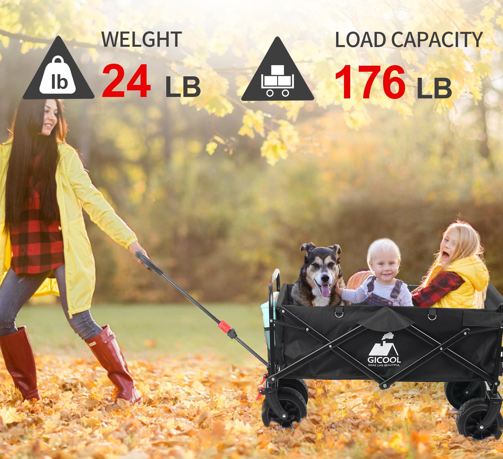 GICOOL Beach Wagon Collapsible Heavy Duty Folding Wagon Cart with Big Wheels & Brake, Large Capacity Folding Utility Wagon Cart, for Pet Sand Outdoor Camping Garden Works Shopping