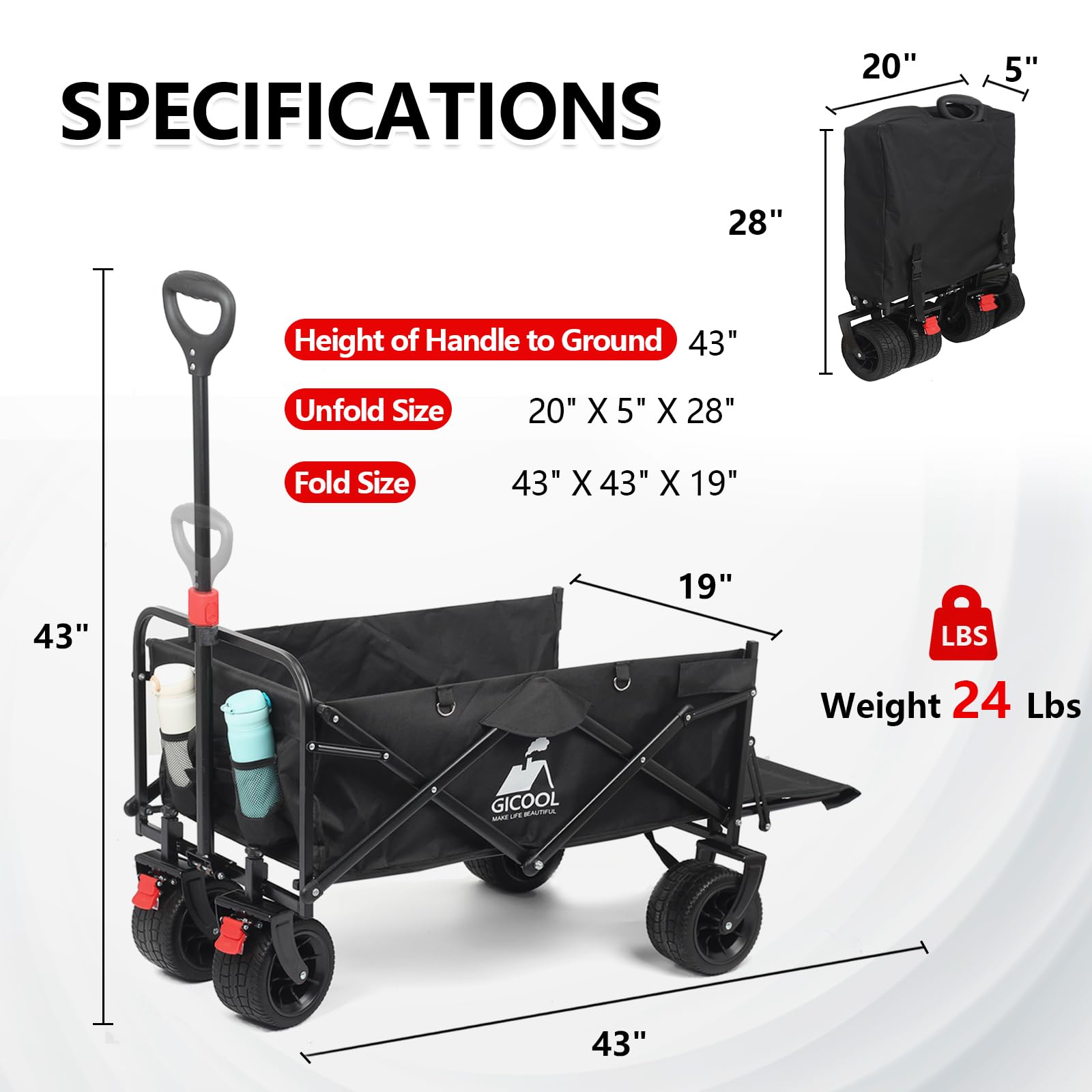 GICOOL Beach Wagon Collapsible Heavy Duty Folding Wagon Cart with Big Wheels & Brake, Large Capacity Folding Utility Wagon Cart, for Pet Sand Outdoor Camping Garden Works Shopping