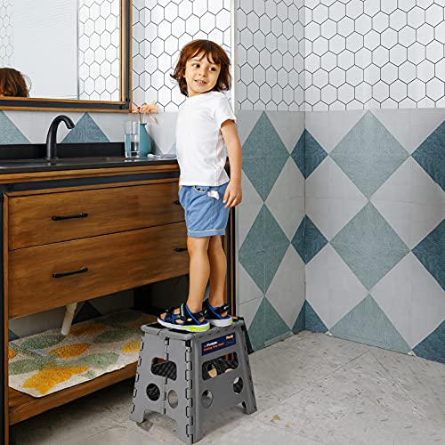 Flottian 13" Folding Step Stool for Adults and Kids Holds Up to 300 lbs,Non-Slip Folding Stools with Handle, Compact Plastic Foldable Step Stool for Bathroom,Bedroom, Kitchen Gray,1PC