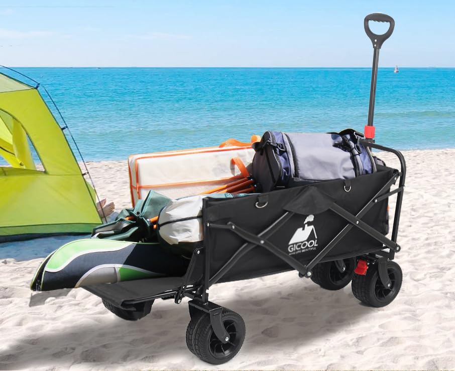 GICOOL Beach Wagon Collapsible Heavy Duty Folding Wagon Cart with Big Wheels & Brake, Large Capacity Folding Utility Wagon Cart, for Pet Sand Outdoor Camping Garden Works Shopping