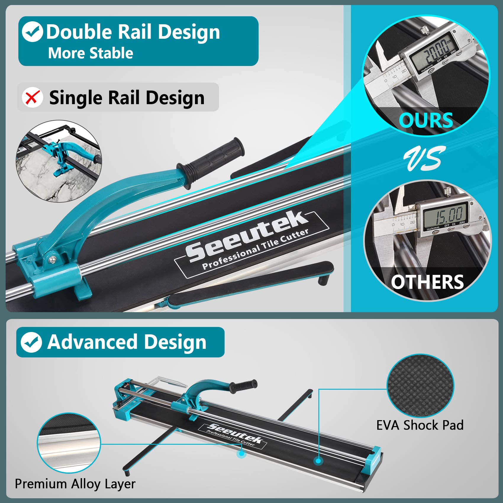 Seeutek 17 Inch Manual Tile Cutter Tools With Tungsten Carbide Scoring Wheel for Porcelain Ceramic Floor Tile Cutter Adjustable Laser Guide with Spare Cut Wheel