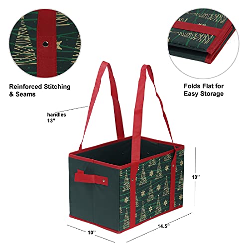 Reusable Grocery Bags Set Shopping Box with Reinforced Bottom Heavy Duty Premium Collapsible Foldable with Long Handles Xmas Chrismas Holiday Design Storage Boxes (Set of 3)