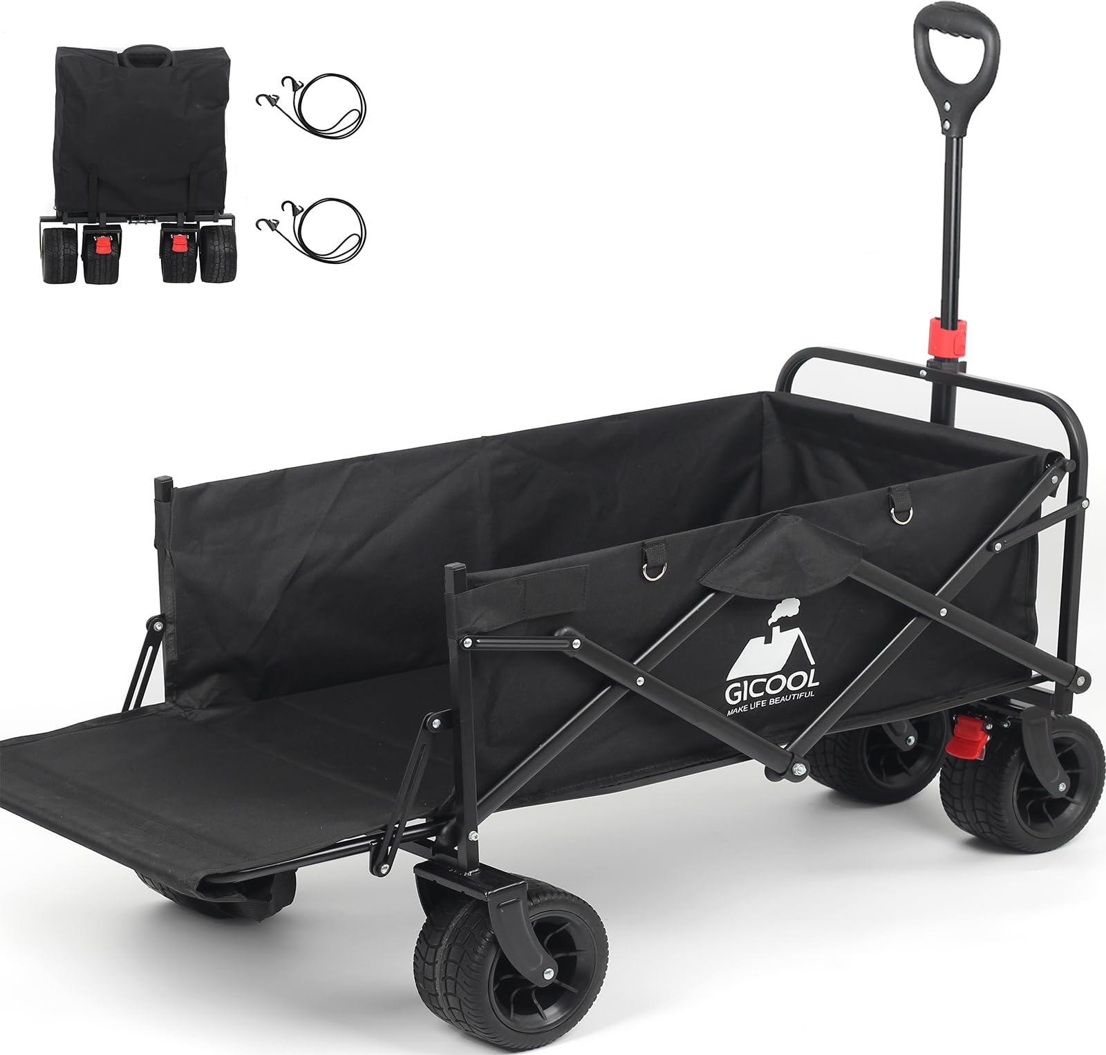 GICOOL Beach Wagon Collapsible Heavy Duty Folding Wagon Cart with Big Wheels & Brake, Large Capacity Folding Utility Wagon Cart, for Pet Sand Outdoor Camping Garden Works Shopping