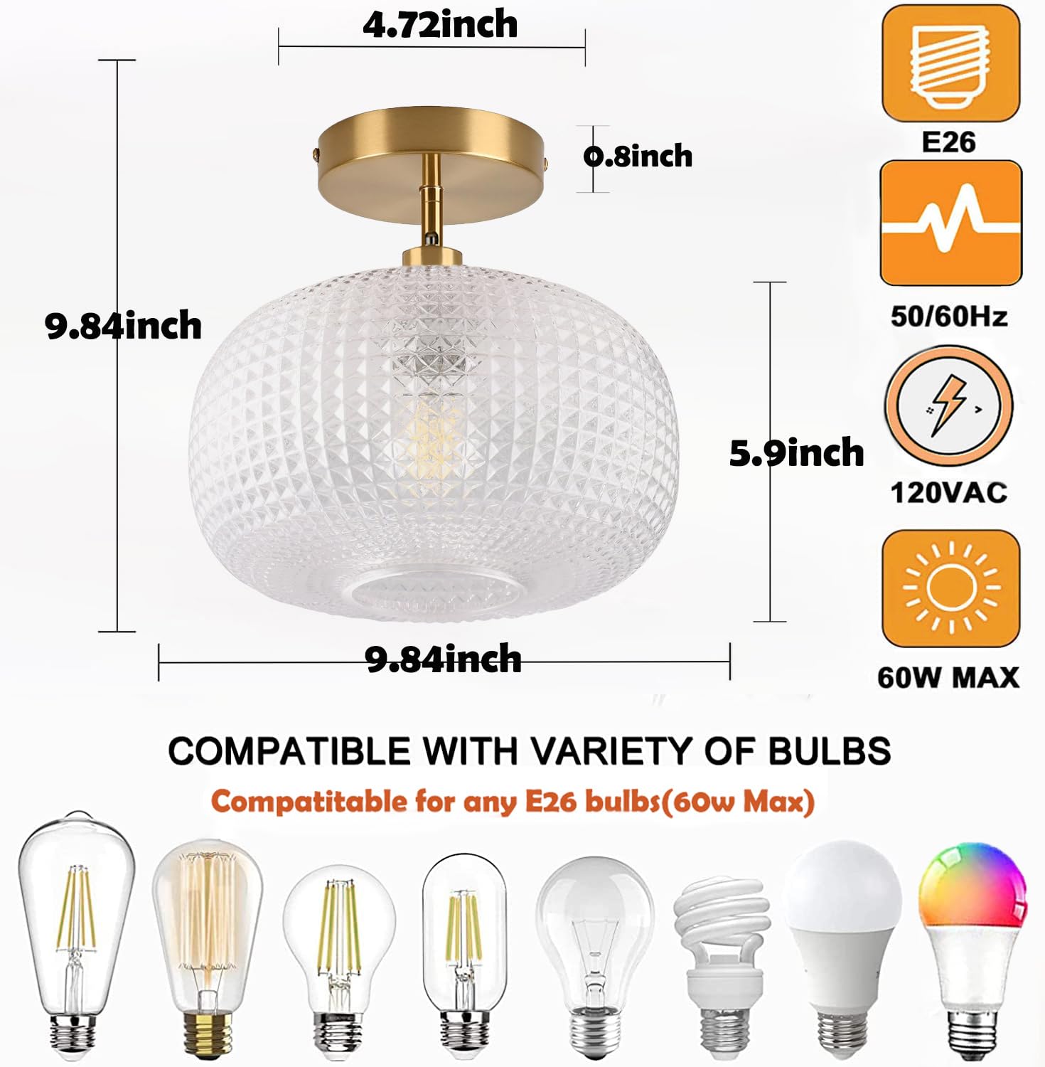 Gold Semi Flush Mount Ceiling Light Fixture,Hallway Light Fixtures,Industrial Close to Ceiling Light,Globe Glass Ceiling Light Fixture,Vintage Ceiling Lamp,Farmhouse Light for Bathroom Entryway
