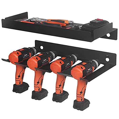 Butizone Power Tool Organizer, Wall Mount Drill Holder with Storage Shelf, Heavy Duty Metal Cordless Drill Rack for Garage, Home, Workshop, Holds 4 Drills and Batteries, Father's Day Gift