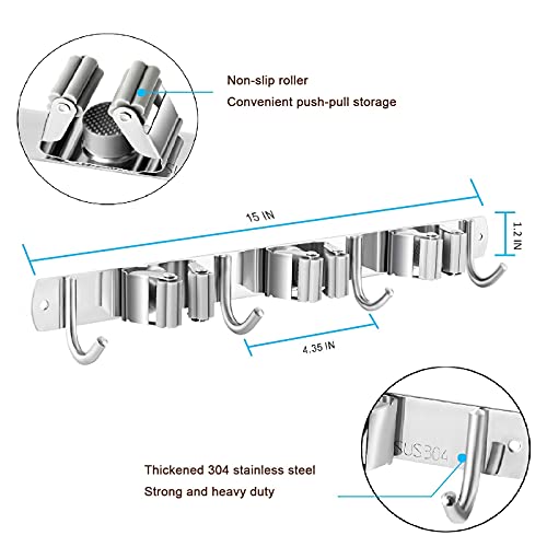 Nlmyt 2Pcs Broom Holder Wall Mount, Broom Organizer Wall Mount, Stainless Steel Mop Holder, Broom Hanger, Heavy Duty Broom Rack for Home, Garage, Garden, Laundry Room (3 Racks 4 Hooks)