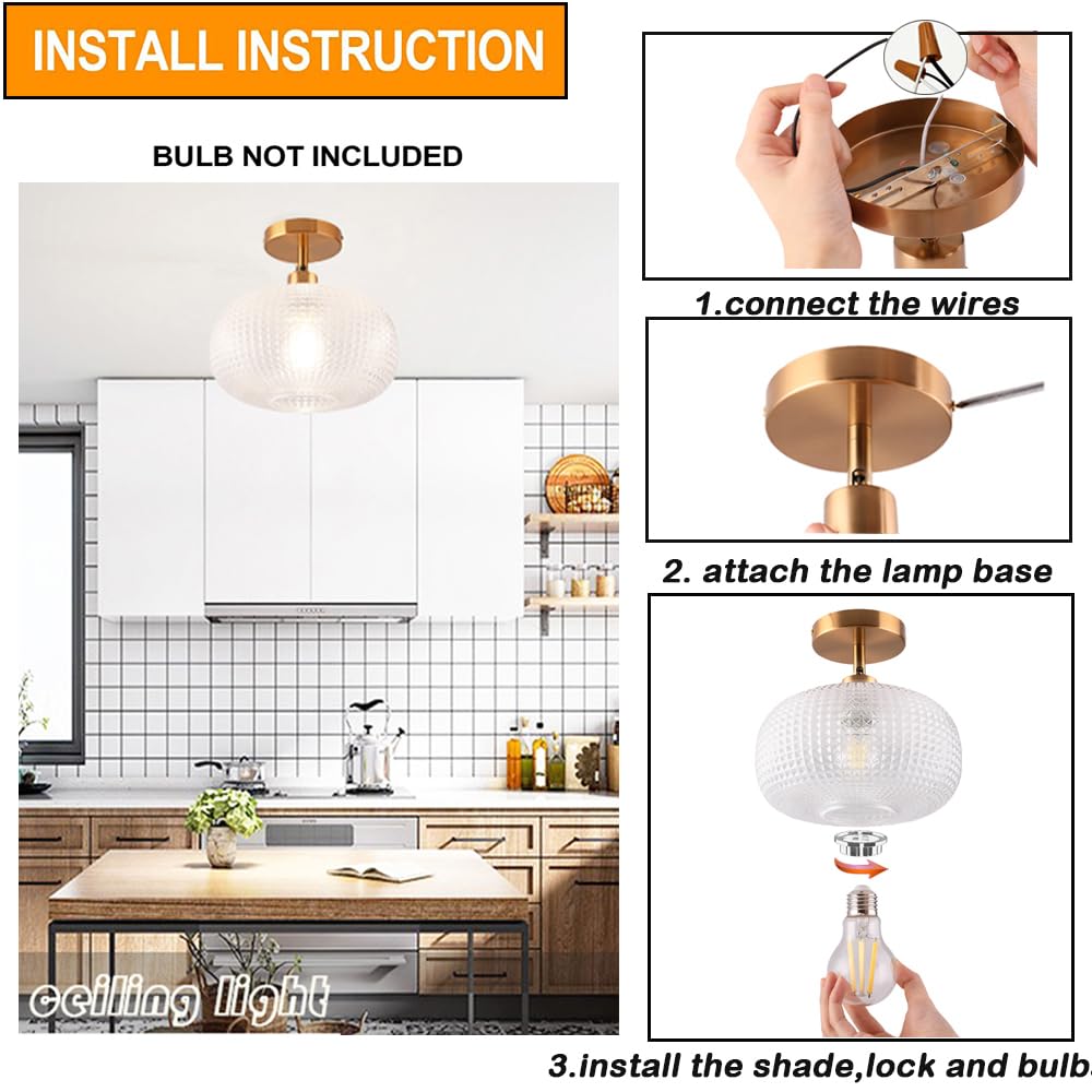 Gold Semi Flush Mount Ceiling Light Fixture,Hallway Light Fixtures,Industrial Close to Ceiling Light,Globe Glass Ceiling Light Fixture,Vintage Ceiling Lamp,Farmhouse Light for Bathroom Entryway