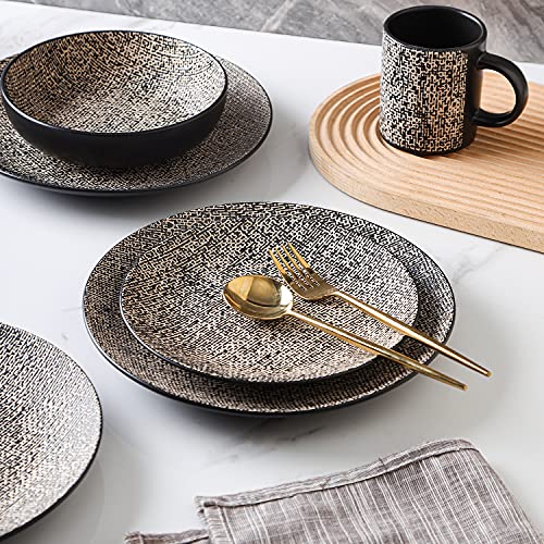 Stone + Lain Sophie Rustic Stoneware Dinnerware Service for 4, Brown and White Textured, 16 Pieces