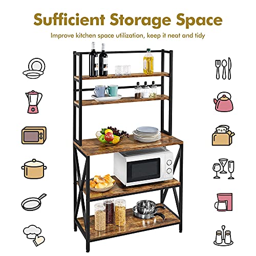 Yaheetech Kitchen Bakers Rack with Storage, 5-Tier Microwave Oven Stand Shelf Coffee Bar, Freestanding Utility Kitchen Storage Rack with X Designed Metal Support, 35.5 x 16 x 65 inches, Rustic Brown