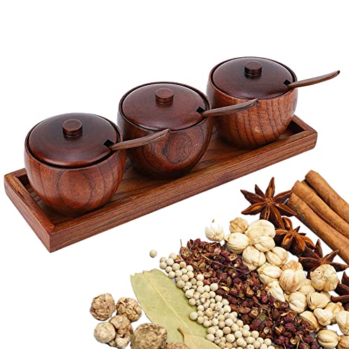 Luvitory Wooden Seasoning Spice Jar, Condiment Container Pots, Salt Box with Wooden Lid and Spoon 3 Pack Bowl with Tray, Food Storage for Home, Kitchen, Counter