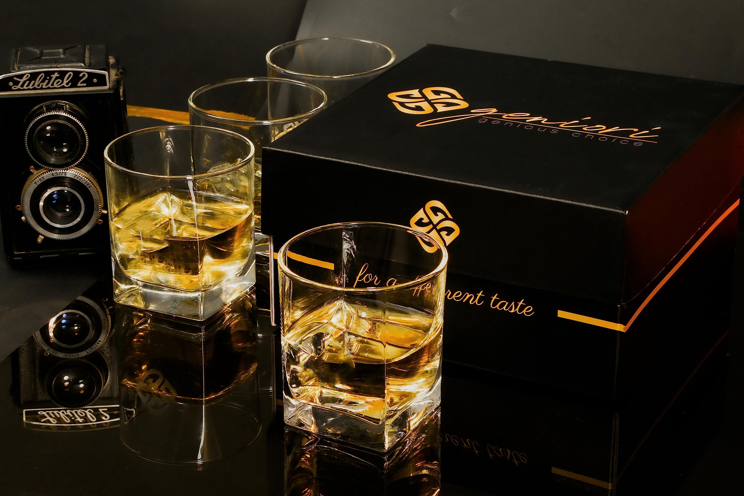 Crystal Whiskey Glasses Set of 4, Luxury Gift box set for Men, Old Fashioned 10.5 Oz Heavy Base, Bourbon Scotch Cognac Cocktail Whisky Gin Rum Liqueur Drinking Lowball Rock Tumbler Barware set