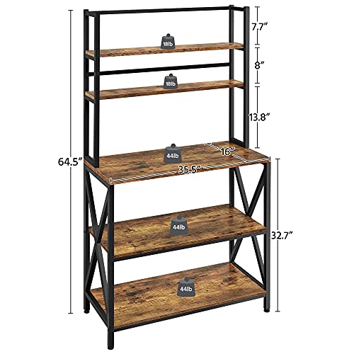 Yaheetech Kitchen Bakers Rack with Storage, 5-Tier Microwave Oven Stand Shelf Coffee Bar, Freestanding Utility Kitchen Storage Rack with X Designed Metal Support, 35.5 x 16 x 65 inches, Rustic Brown
