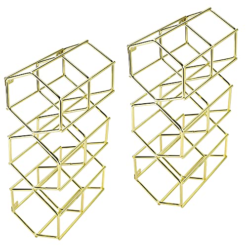 MyGift Modern Brass Plated Metal Wine Bottle Wall Rack, Decorative 3-Bottle Wine Display Holder, Set of 2