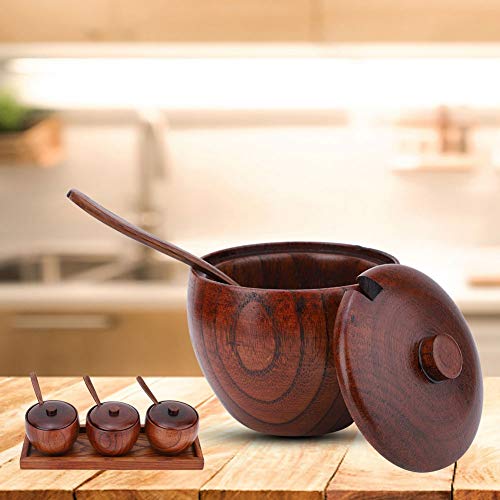 Luvitory Wooden Seasoning Spice Jar, Condiment Container Pots, Salt Box with Wooden Lid and Spoon 3 Pack Bowl with Tray, Food Storage for Home, Kitchen, Counter