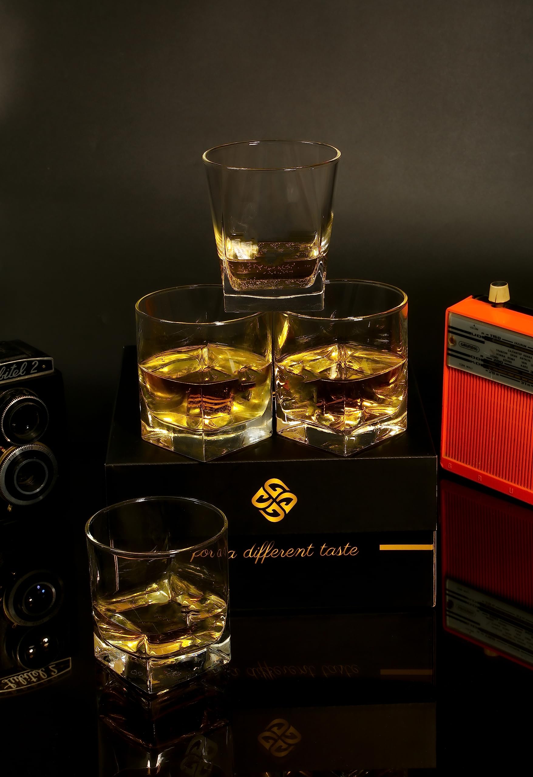 Crystal Whiskey Glasses Set of 4, Luxury Gift box set for Men, Old Fashioned 10.5 Oz Heavy Base, Bourbon Scotch Cognac Cocktail Whisky Gin Rum Liqueur Drinking Lowball Rock Tumbler Barware set
