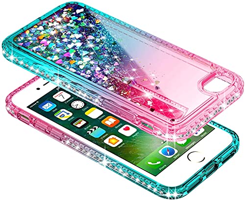 NGB Compatible for iPhone 6 6S 7 8 Case, iPhone SE 3 2022/iPhone SE 2 2020 Case with Tempered Glass Screen Protector, Ring Holder, Girls Women Kids Liquid Glitter TPU Cute Case (Pink/Aqua)