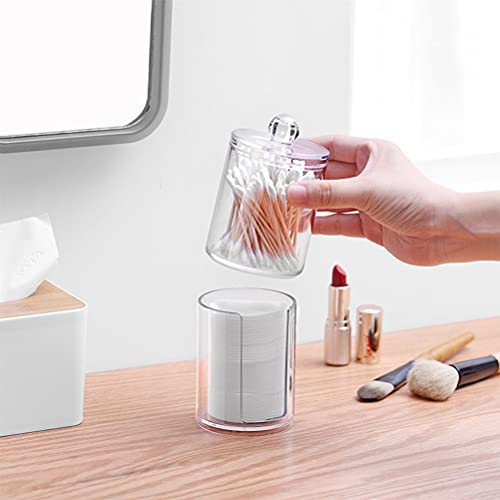 TIMESETL 5 Pack Qtip Holder Dispenser for Cotton Ball, Cotton Swab, Cotton Round Pads, Floss, 10 oz Clear Plastic Apothecary Jar Set for Bathroom Canister Storage Organization, Vanity Makeup Organizer