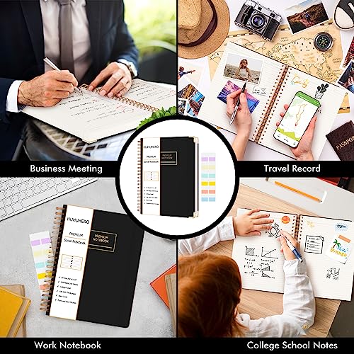 Huhuhero Spiral Notebook, College Ruled Notebook, 8.5" x 11", 320 Pages Black Leather Lined Journal for Women Men, A4 Large Notebooks for Work Writing Office, 24pcs Index Tabs, School Supplies