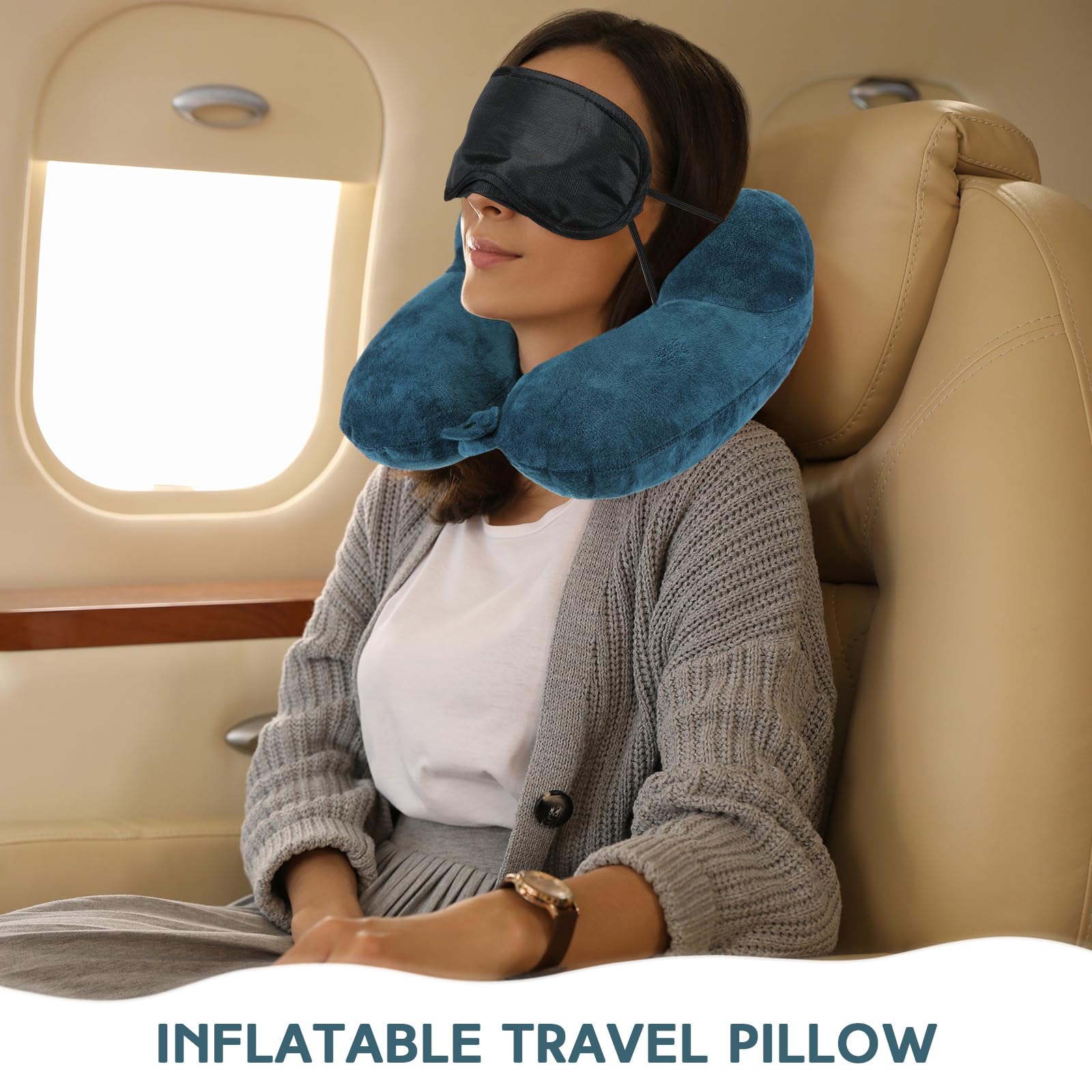 Sintuff 2 Pack Inflatable Travel Pillow for Airplanes Inflatable Neck Flight Pillows with Compact Bag and Blindfold for Traveling, Airplane, Train, Car, Office(Peacock Green and Black)