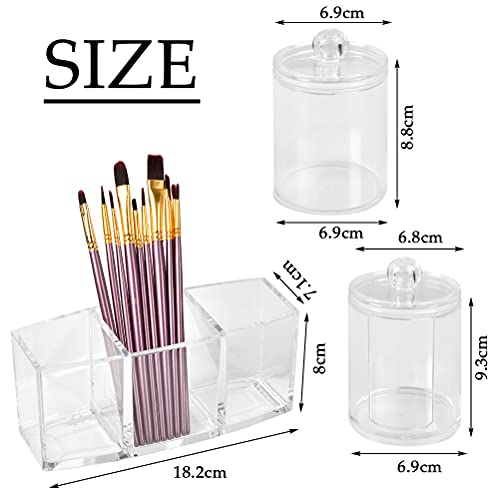 TIMESETL 5 Pack Qtip Holder Dispenser for Cotton Ball, Cotton Swab, Cotton Round Pads, Floss, 10 oz Clear Plastic Apothecary Jar Set for Bathroom Canister Storage Organization, Vanity Makeup Organizer
