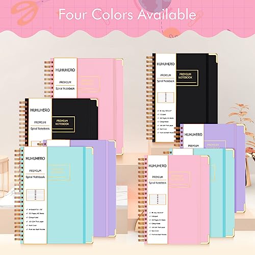 Huhuhero Spiral Notebook, College Ruled Notebook, 8.5" x 11", 320 Pages Black Leather Lined Journal for Women Men, A4 Large Notebooks for Work Writing Office, 24pcs Index Tabs, School Supplies