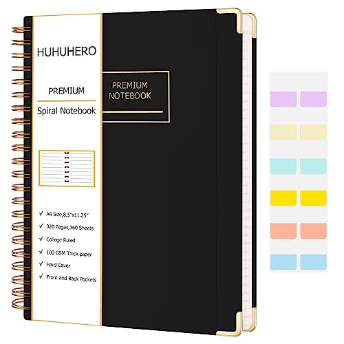 Huhuhero Spiral Notebook, College Ruled Notebook, 8.5" x 11", 320 Pages Black Leather Lined Journal for Women Men, A4 Large Notebooks for Work Writing Office, 24pcs Index Tabs, School Supplies