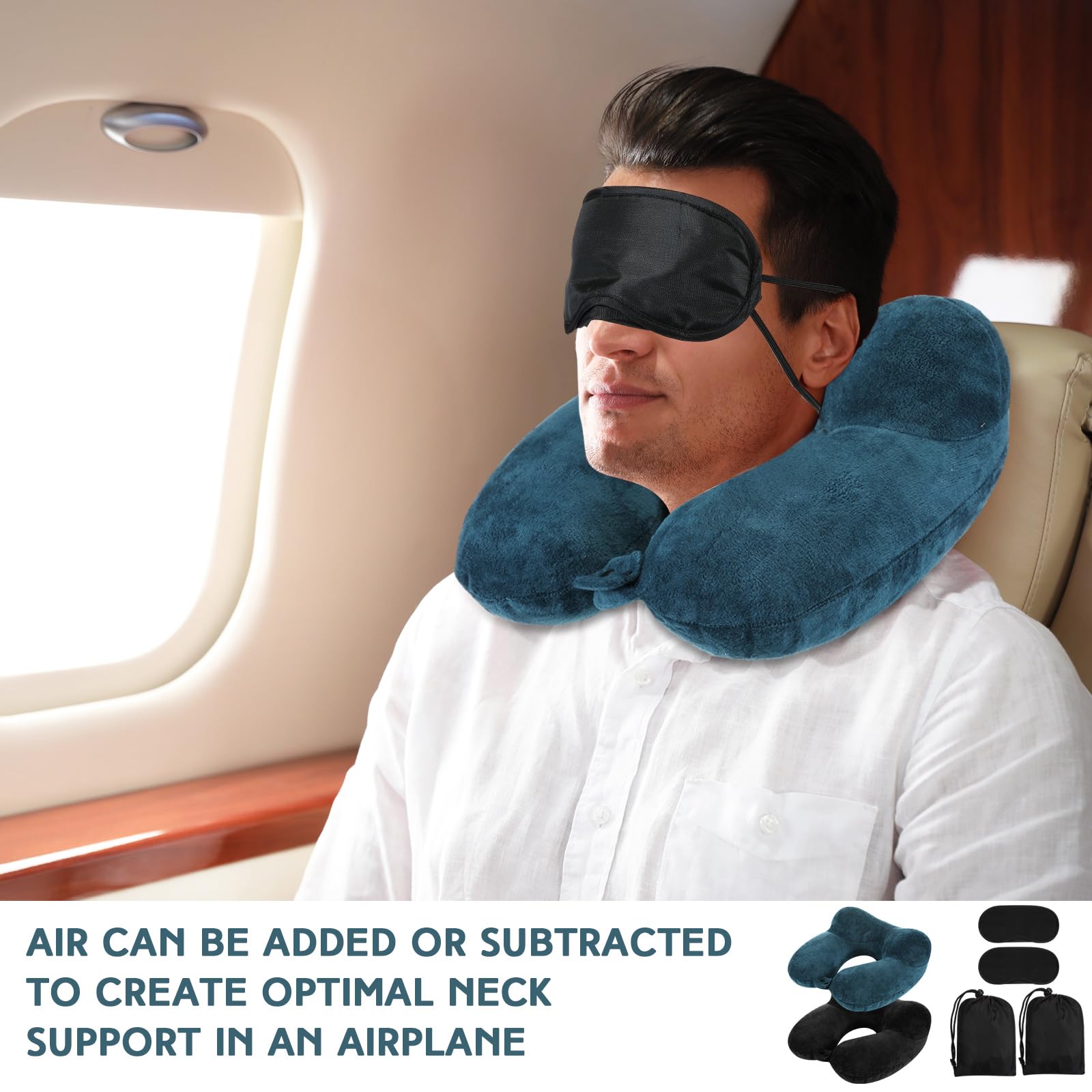 Sintuff 2 Pack Inflatable Travel Pillow for Airplanes Inflatable Neck Flight Pillows with Compact Bag and Blindfold for Traveling, Airplane, Train, Car, Office(Peacock Green and Black)