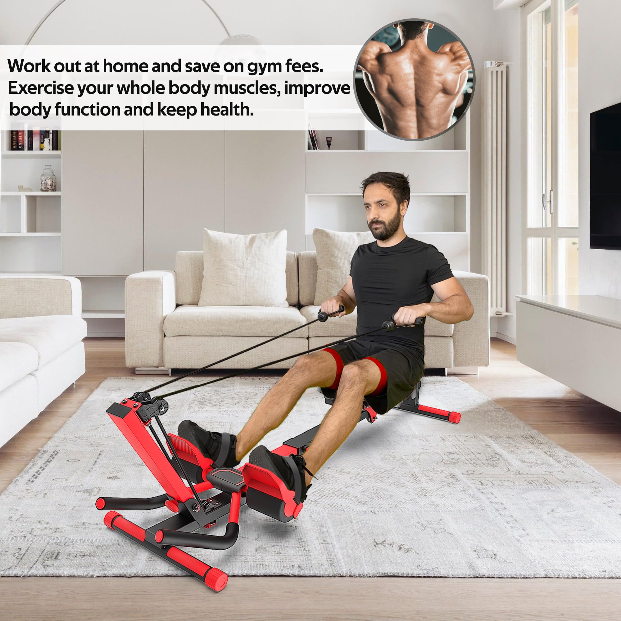 4 in 1 Rowing Machine with Adjustable Resistance Bands, Multifunction Rower Abdominal Fitness Equipment, Full Body Workout Machine for Home Gym