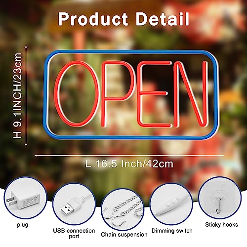 Open Sign With Adapter Neon Open Sign LED With 5 Adjustable Brightness Open Signs For Business Window Open Neon Sign Party Stores Shop Coffee Salon Hotel (Blue/Red-Horizontal) 16.5"X 9"