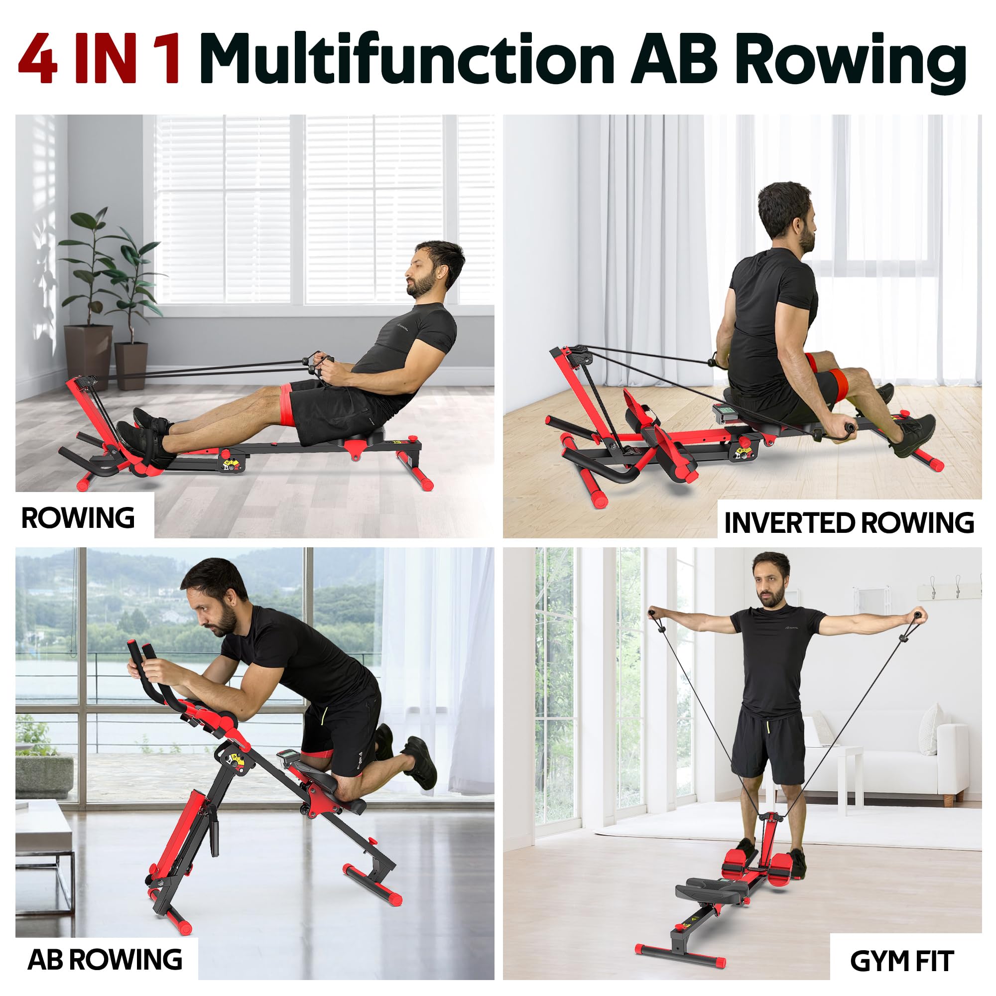 4 in 1 Rowing Machine with Adjustable Resistance Bands, Multifunction Rower Abdominal Fitness Equipment, Full Body Workout Machine for Home Gym