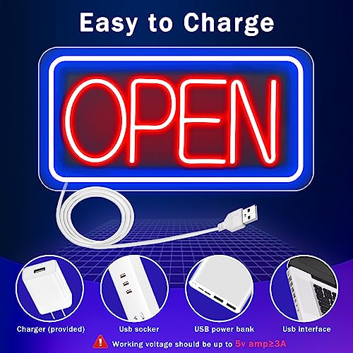 Open Sign With Adapter Neon Open Sign LED With 5 Adjustable Brightness Open Signs For Business Window Open Neon Sign Party Stores Shop Coffee Salon Hotel (Blue/Red-Horizontal) 16.5"X 9"