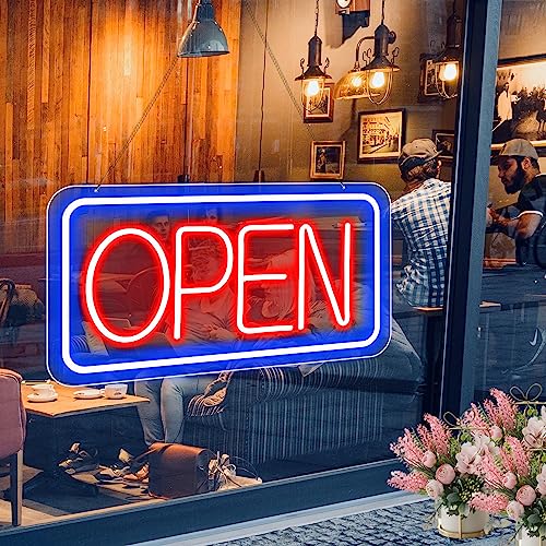 Open Sign With Adapter Neon Open Sign LED With 5 Adjustable Brightness Open Signs For Business Window Open Neon Sign Party Stores Shop Coffee Salon Hotel (Blue/Red-Horizontal) 16.5"X 9"