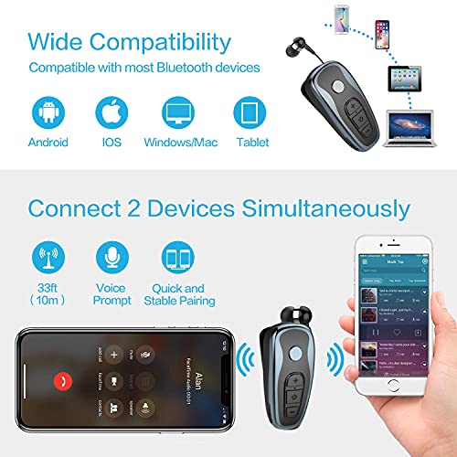 Retractable Wireless Headset Headphone Stereo Earphone V5.0 Noise Cancelling Mic Clip on Earpiece Comfortable HandsFree Headset 11Hrs Talking Time Sports Business Trucker Driver Earbud