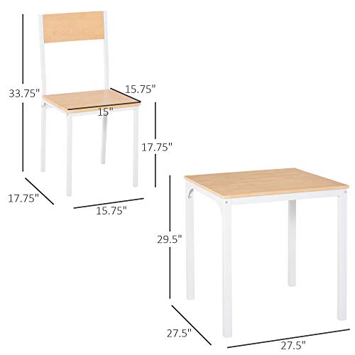 HOMCOM 3-Piece Wooden Square Dining Table Set with 1 Table and 2 Chairs and Sturdy Metal Frame for Small Space, White
