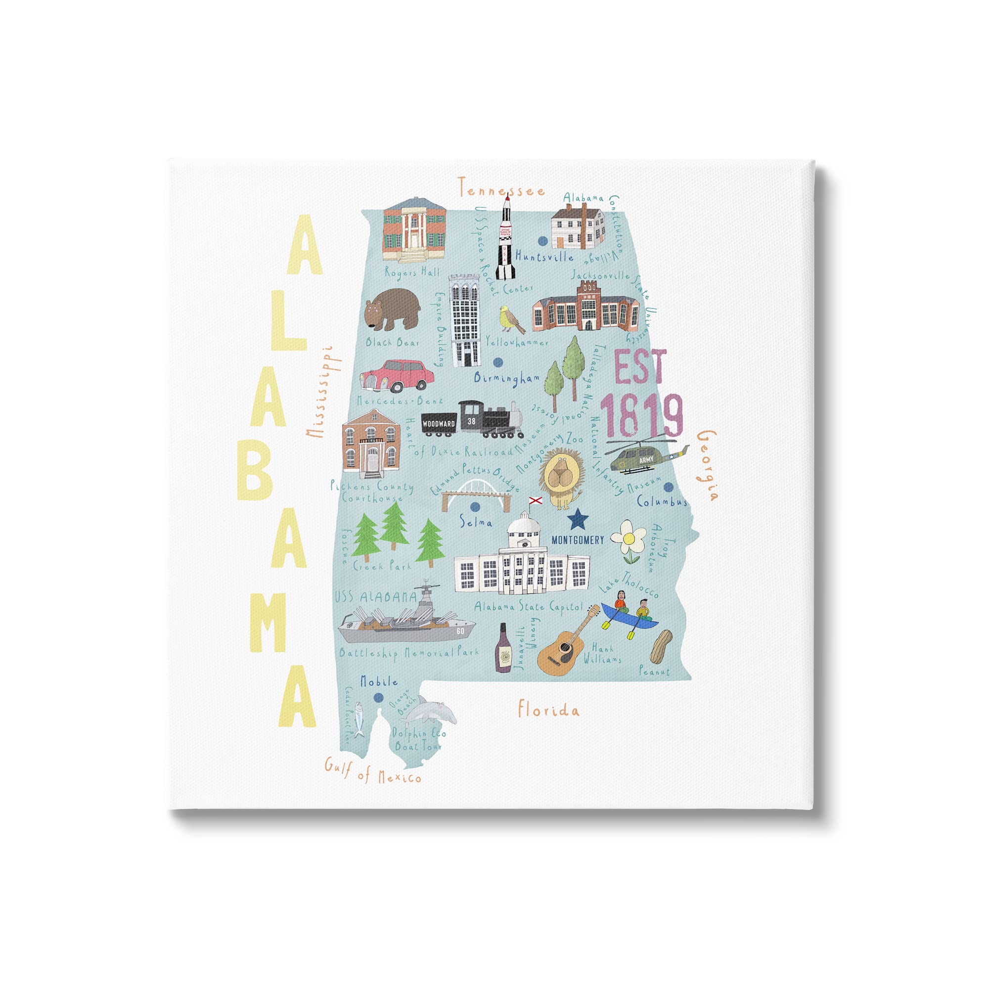 Stupell Industries Alabama Landmark Map USA Canvas Wall Art, Design by Carla Daly
