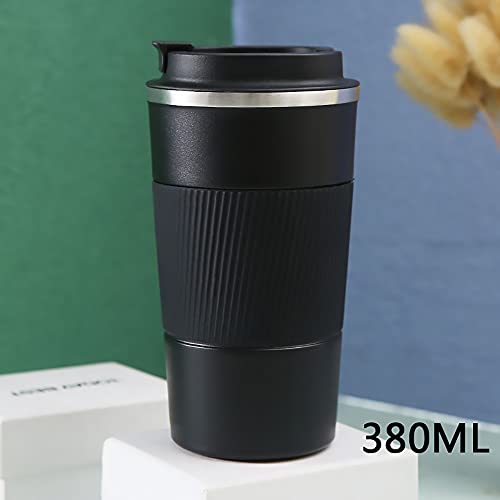 380ml/13 oz Travel Mug Tumbler Coffee Cup Vacuum Insulation with Lid Leakproof Stainless Steel Non-Slip Protective Cover Reusable for Hot&Cold Coffee Water Tea Drinks (13 oz, Black)